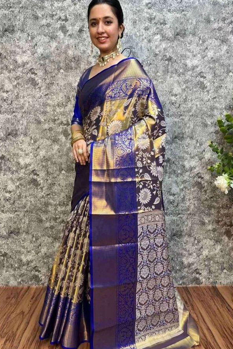 Imbrication Royal Blue Kanjivaram Silk Saree With Glamorous Blouse Pie ...